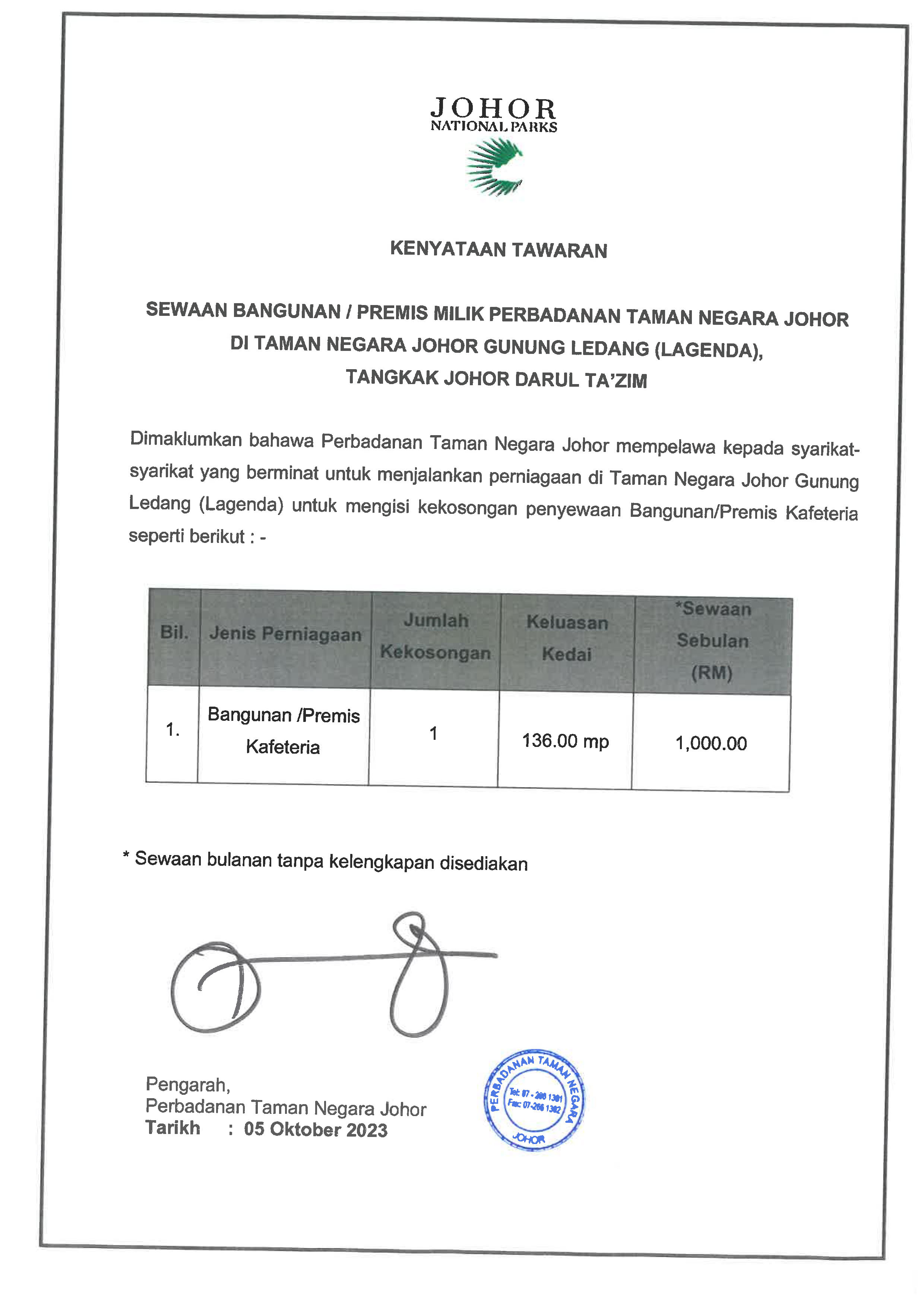 TENDER OFFER - Johor National Parks